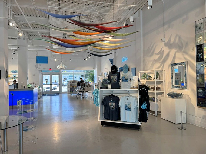 The museum's gift shop offers visitors a chance to take home smaller glass treasures, with colorful pieces suspended overhead like artistic inspiration.