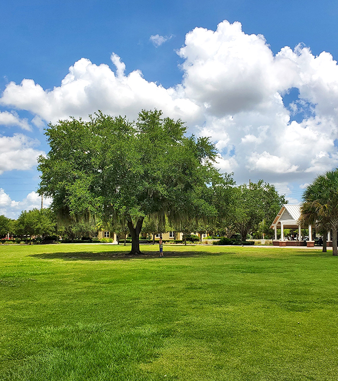 The surrounding green space provides a perfect setting for this unusual attraction, inviting visitors to linger and explore.