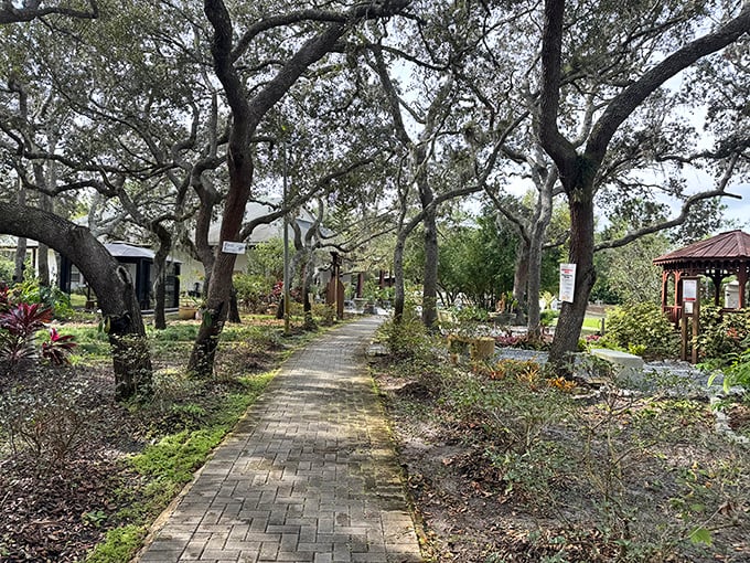 Winding pathways guide visitors through the grounds, each turn revealing new perspectives on this unexpected Florida treasure.