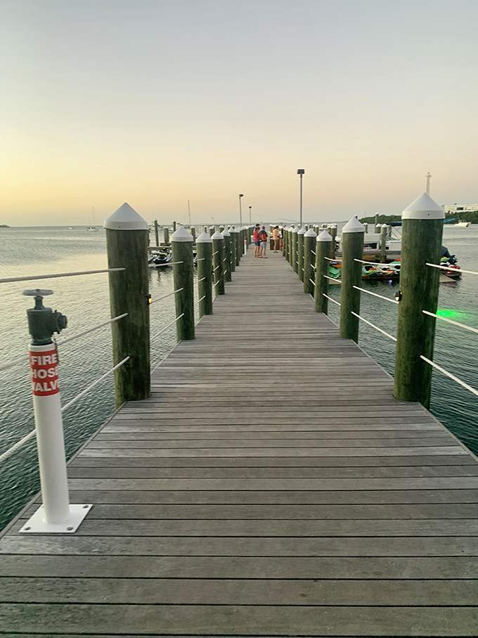 Pier side view: Sunset casts golden light across the wooden pier, where adventures begin and end with the rhythm of gentle Florida waves.