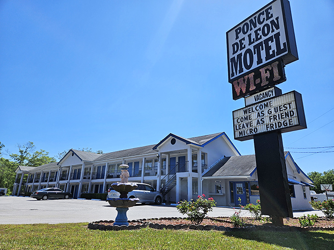 Ponce De Leon Motel: Vintage charm with a heartwarming sign promising guests will "leave as friend, miss our fridge" &ndash; small-town hospitality personified.