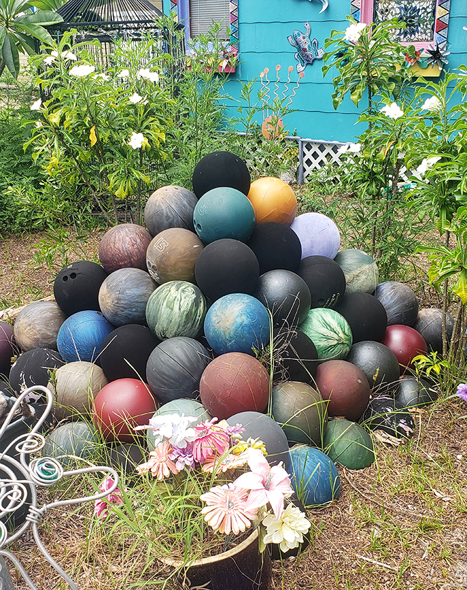 This pyramid of painted bowling balls proves that retirement communities in Florida aren't just for people &ndash; sporting equipment deserves a colorful second act too.