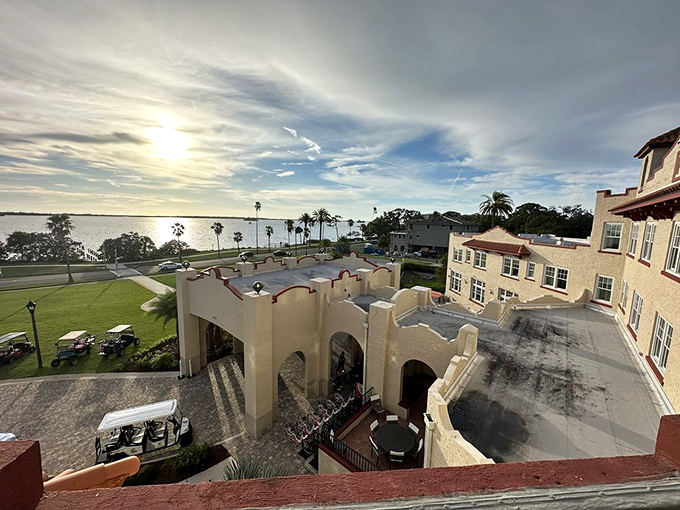 A bird's-eye view revealing the Fenway's perfect positioning&mdash;where historic architecture meets waterfront splendor in downtown Dunedin.