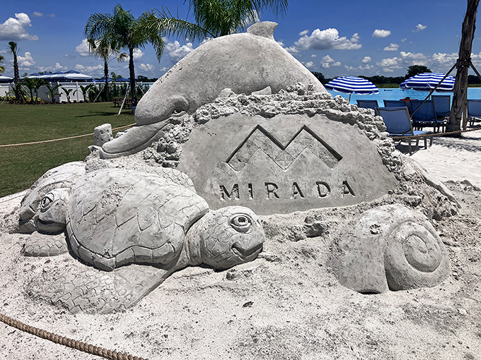 Sand sculptors showcase Florida's marine life in this artistic creation, giving visitors a perfect photo opportunity between water adventures.