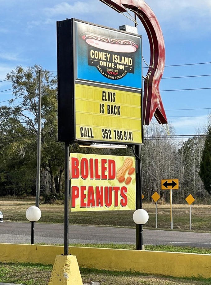"Elvis is back" proclaims the vintage marquee sign, standing tall alongside promises of boiled peanuts &ndash; pure roadside Americana in action.