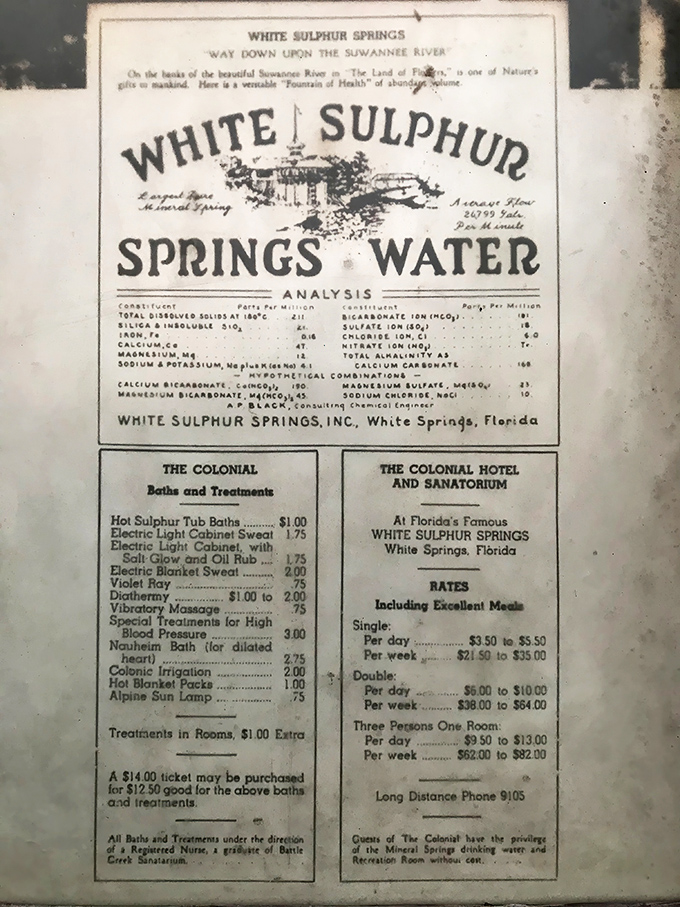 A glimpse of 1920s luxury: Hot sulfur baths for $1, vibration massage for 75&cent;, and the mysterious "Alpine Sun Lamp" treatment for adventurous health-seekers.