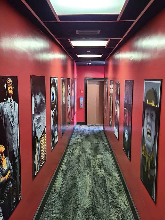 Walking this hallway feels like stepping into someone's very eclectic and slightly unsettling art collection.