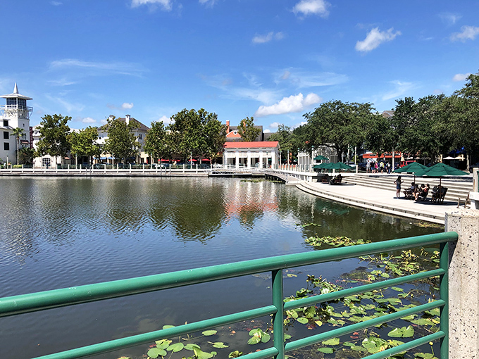 The waterfront area offers seating where you can contemplate life's big questions, like "How soon is too soon for more ice cream?"