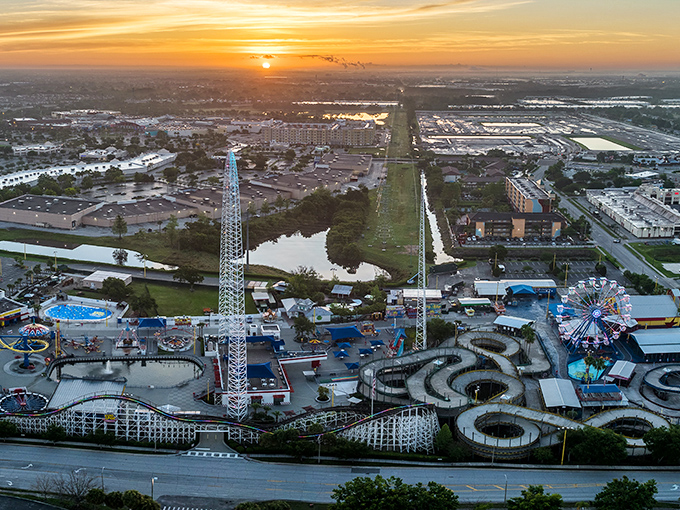 An aerial view reveals Fun Spot's compact footprint amid Orlando's sprawl. All the joy of theme park magic without needing GPS coordinates to find your family.