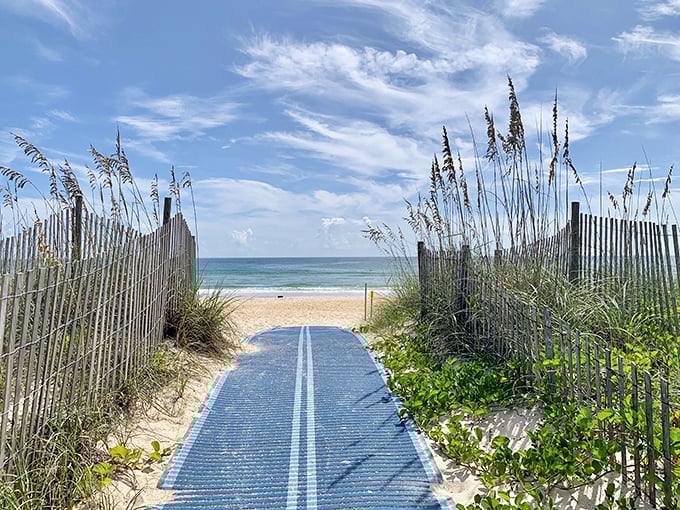 The carpet to nature's greatest show, where sea oats stand guard like botanical ushers welcoming you to the ocean's endless performance.
