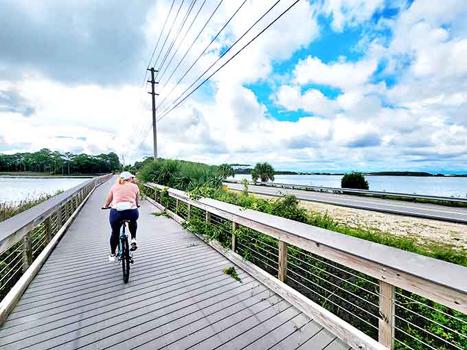 Biking the boardwalk trail offers the perfect blend of exercise and sightseeing, with water views that make you forget you're pedaling.