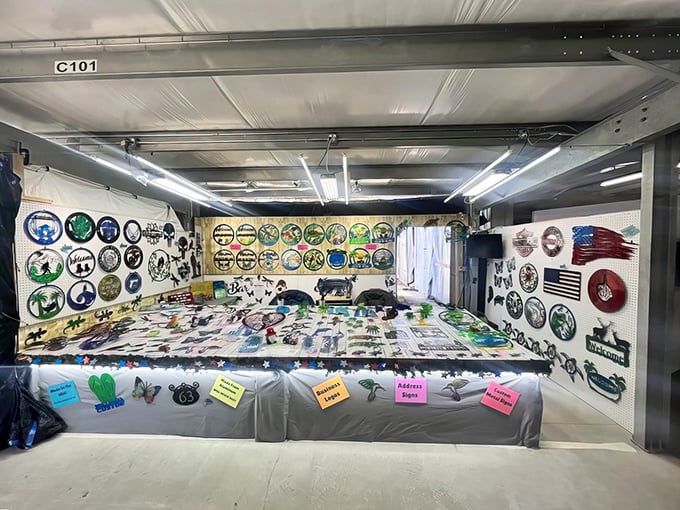 Metal signs and emblems create a wall of Americana, where nostalgic designs and custom creations offer the perfect garage or man-cave decoration.