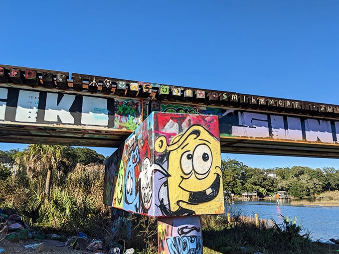 The bridge's face changes constantly, making every visit a new experience in this ever-evolving outdoor gallery.