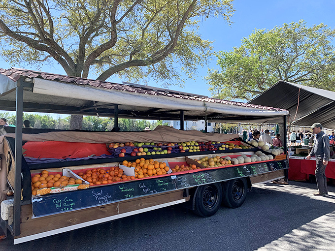 Celebration's farmers market transforms parking into a paradise of produce, where conversations about heirloom tomatoes are taken very seriously.