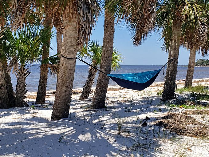 The ultimate beach accessory sways between palms, promising afternoon naps with a soundtrack of gentle waves and distant seabirds.