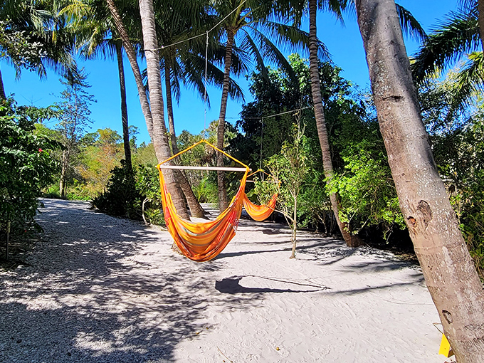 Colorful hammocks sway between palms, offering the perfect excuse to practice the fine art of productive laziness.