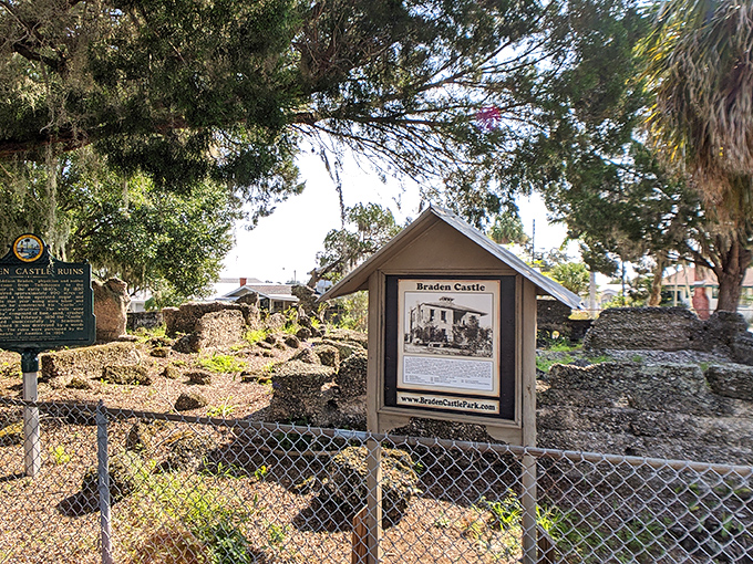 Sunlight plays across ancient tabby walls, creating a natural spotlight on Florida's architectural heritage amid modern residential surroundings.