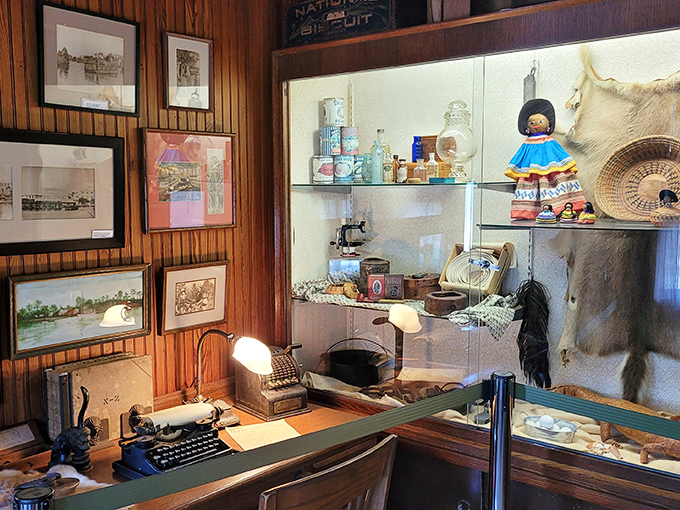 This historical exhibit showcases artifacts from daily life, when typewriters clacked and adding machines were cutting-edge office technology.