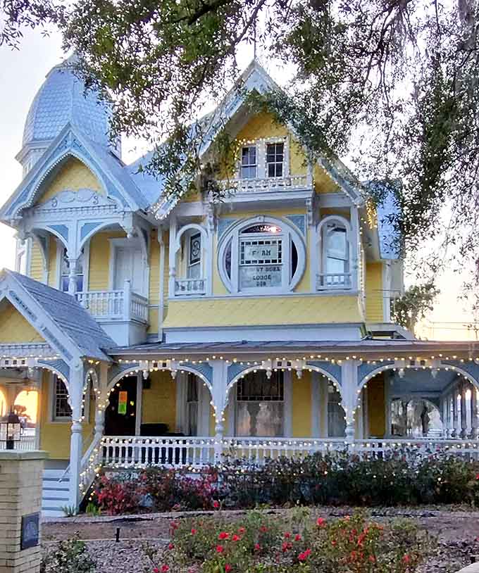 Evening enchantment: As twilight descends, the Donnelly House transforms with twinkling lights that beckon curious souls into its mysterious embrace.