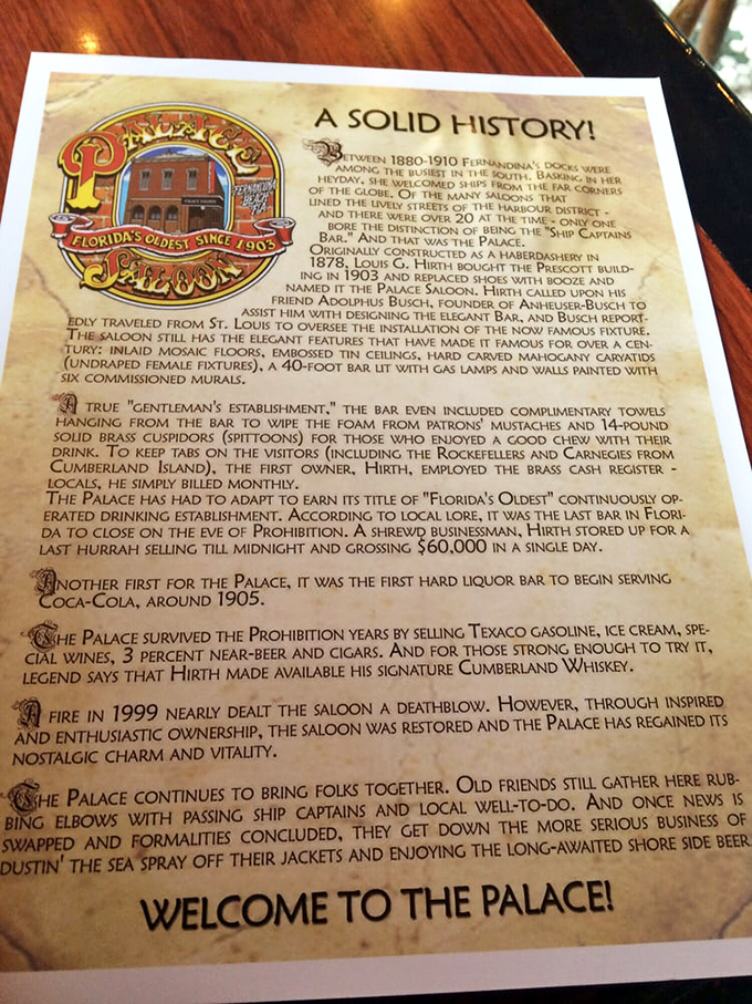 The Palace's history unfolds on parchment, telling tales of Prohibition survival, Coca-Cola firsts, and a devastating fire that couldn't keep this landmark down.