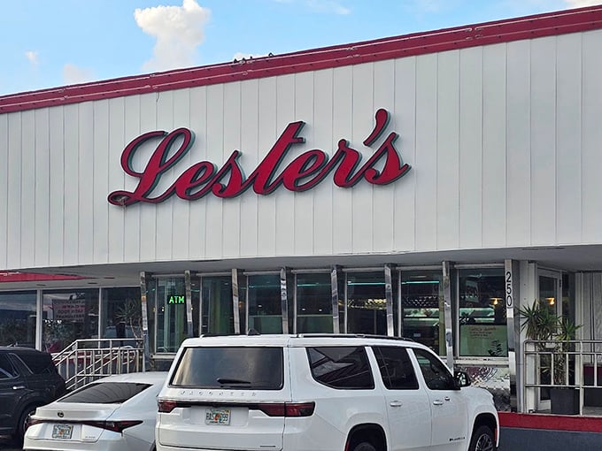 The exterior view of Lester's welcomes visitors with its classic diner architecture, promising authentic American cuisine inside those welcoming doors.