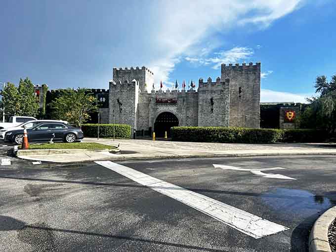 The castle exterior, complete with crenellated towers and colorful banners, creates a surreal medieval mirage amid the palm trees and power lines.