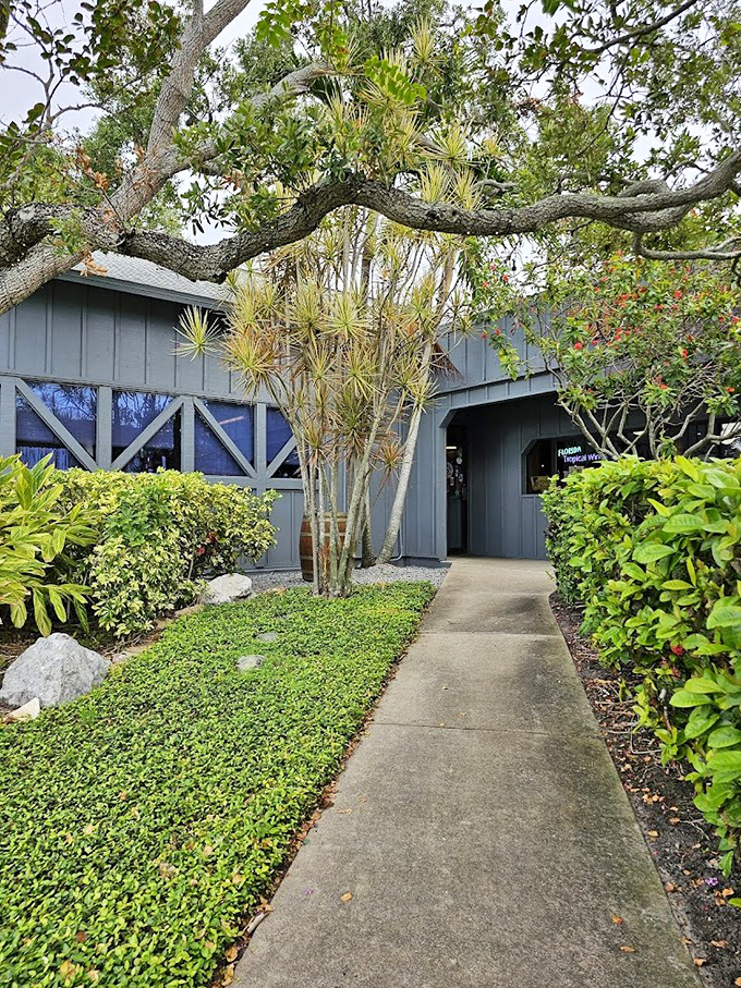 Outside entrance: A welcoming pathway leads to the winery's entrance, framed by tropical plants that hint at the flavors waiting inside.