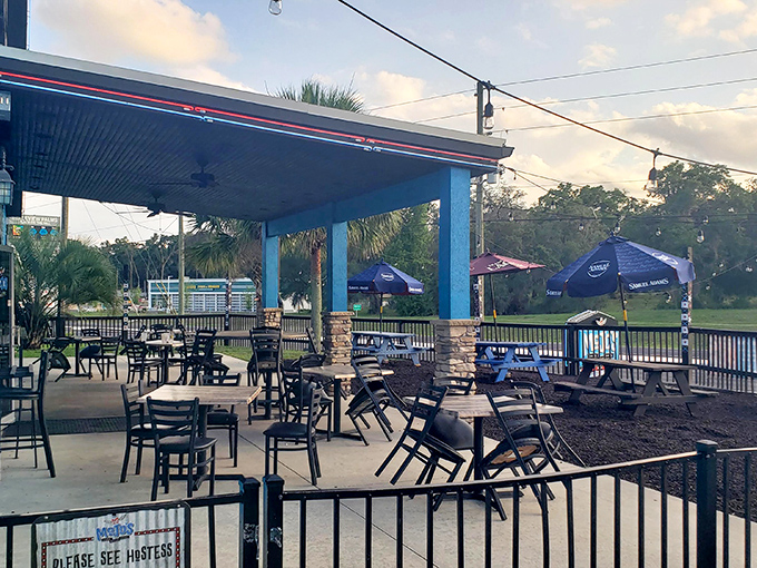 Florida breezes and string lights create the perfect outdoor venue for enjoying Mojo's creations under the open sky.