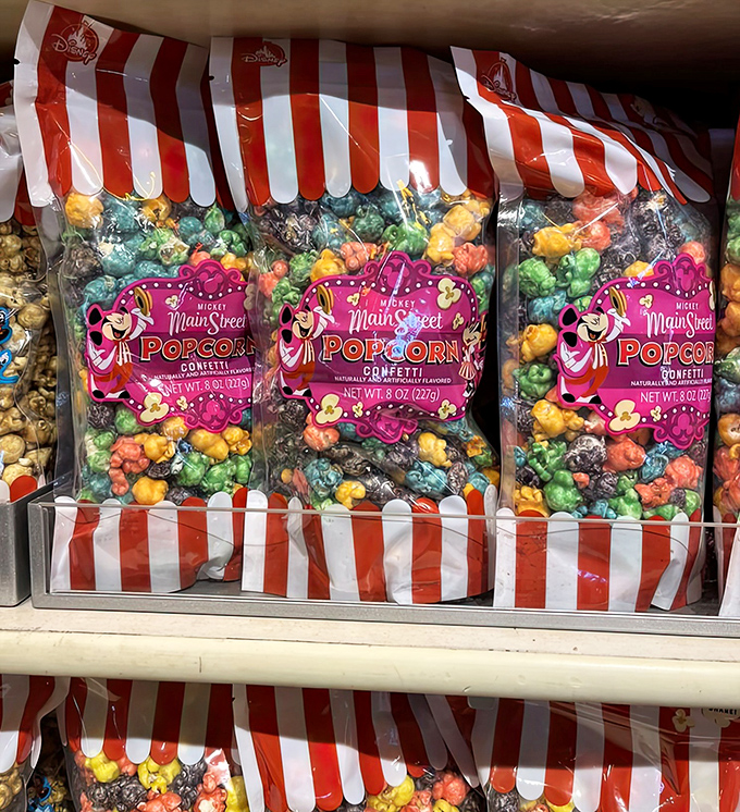 Confetti popcorn packages burst with color, making ordinary movie theater varieties seem positively boring by comparison.