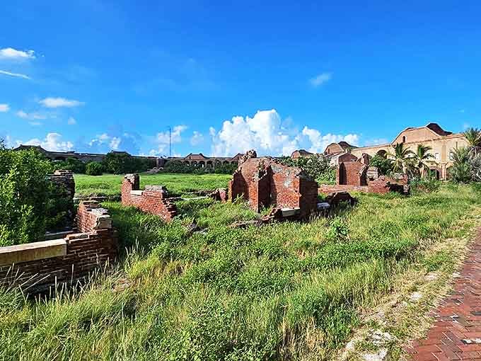 Crumbling structures tell silent stories of the fort's past, slowly surrendering to the elements despite preservationists' best efforts.