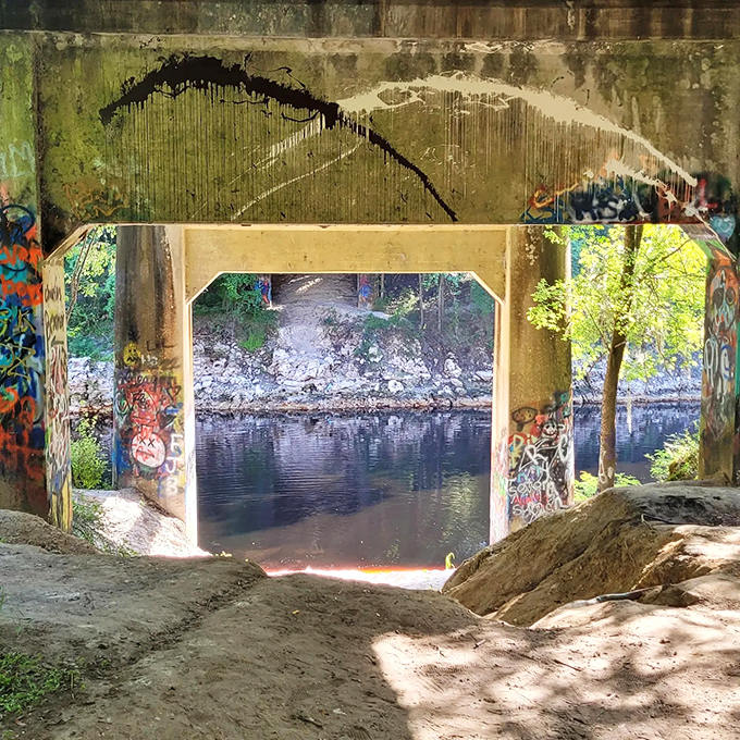 Concrete supports create natural frames for the river views, their utilitarian purpose now secondary to their role in this immersive art experience.