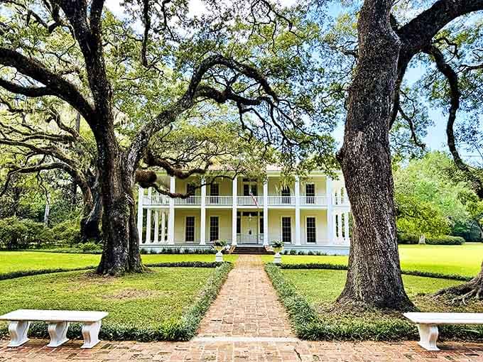 This grand white mansion framed by oak trees looks like it belongs on a movie set.