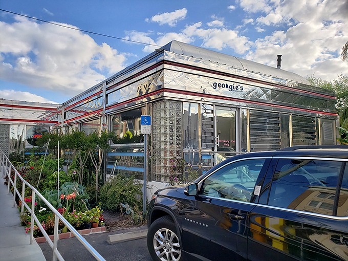 Georgie's chrome diner car gleams in the St. Augustine sunshine, a metallic time capsule serving both American classics and Greek specialties.