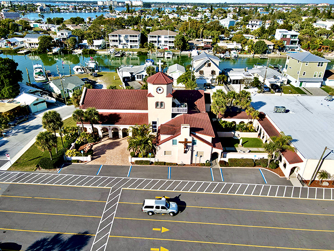 Bird's eye view! From above, you can see how perfectly the church nestles into its waterfront community setting.