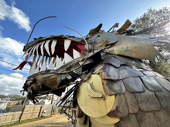 The dragon's head, with its fierce expression and protruding tongue, demonstrates how scrap metal can be transformed into something with personality, character, and a touch of humor.