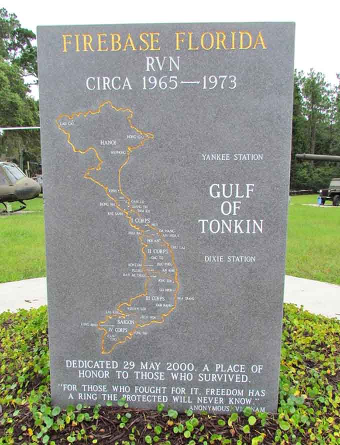 The Firebase Florida memorial maps Vietnam locations where soldiers served, reminding visitors that freedom's price was paid far from home.
