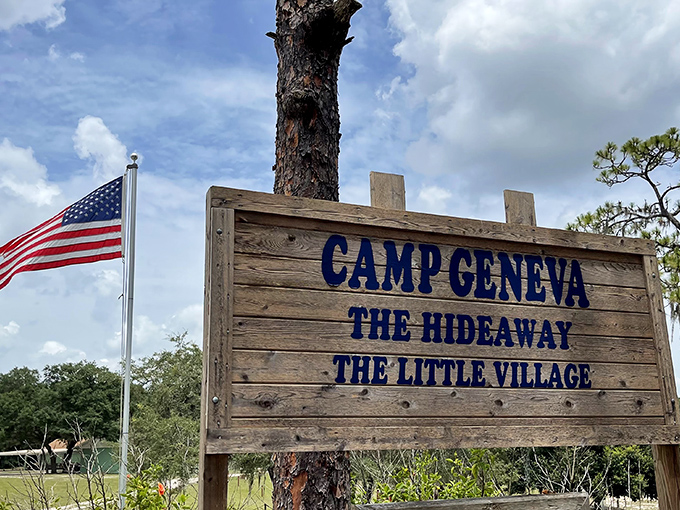Camp Geneva's rustic welcome sign invites visitors to "The Hideaway," where disconnecting from technology means reconnecting with what matters.