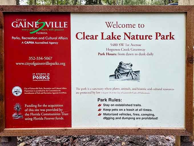 Clear Lake Nature Park welcomes visitors with signs highlighting nature's beauty and essential park rules for all to follow.