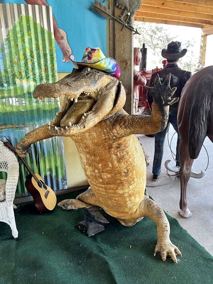 When your taxidermied alligator wears a tie-dyed hat better than you ever could &ndash; Florida fashion at its finest.
