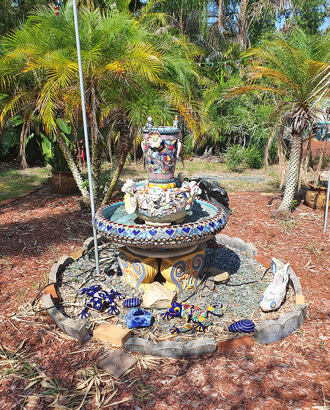Even the fountain rejected conventional water feature designs &ndash; opting instead for a mosaic masterpiece that makes ordinary birdbaths look positively boring.