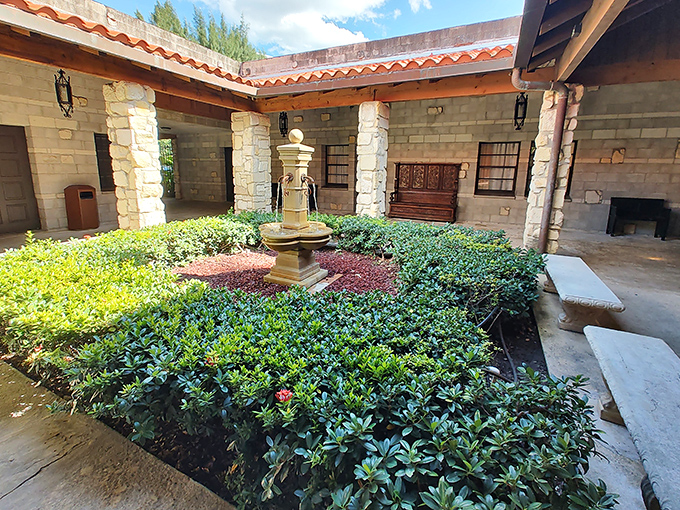 Geometric precision meets natural beauty in this courtyard, reflecting the ordered lives of monks who once tended similar spaces.