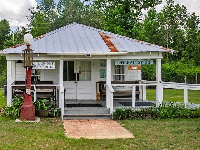 The combination Post Office and General Store features an authentic gas pump outside, when "filling up" meant a few gallons, not emptying your wallet.