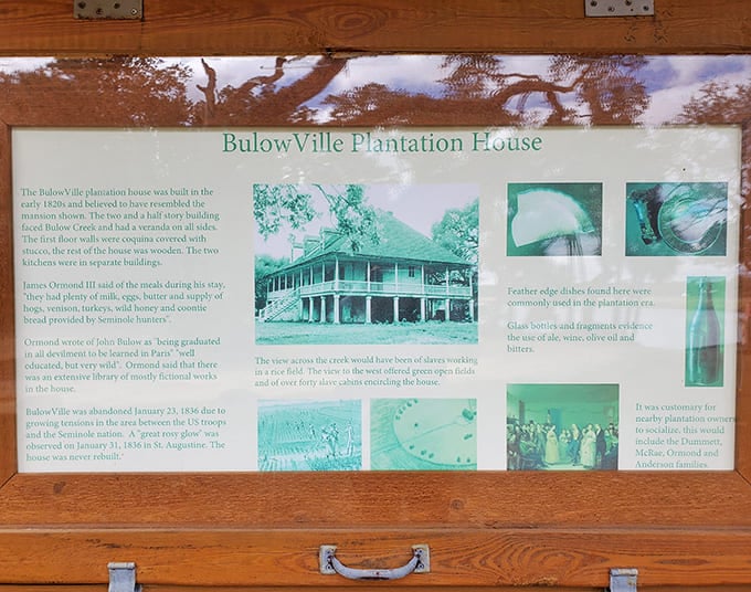 Information Board about BulowVille Plantation House: Architectural clues and archaeological findings help reconstruct the grandeur of the original plantation home, lost to flames.