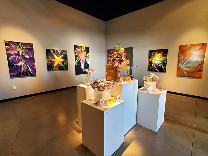 Gallery spaces are thoughtfully designed to showcase both individual pieces and create immersive environments where art surrounds visitors completely.