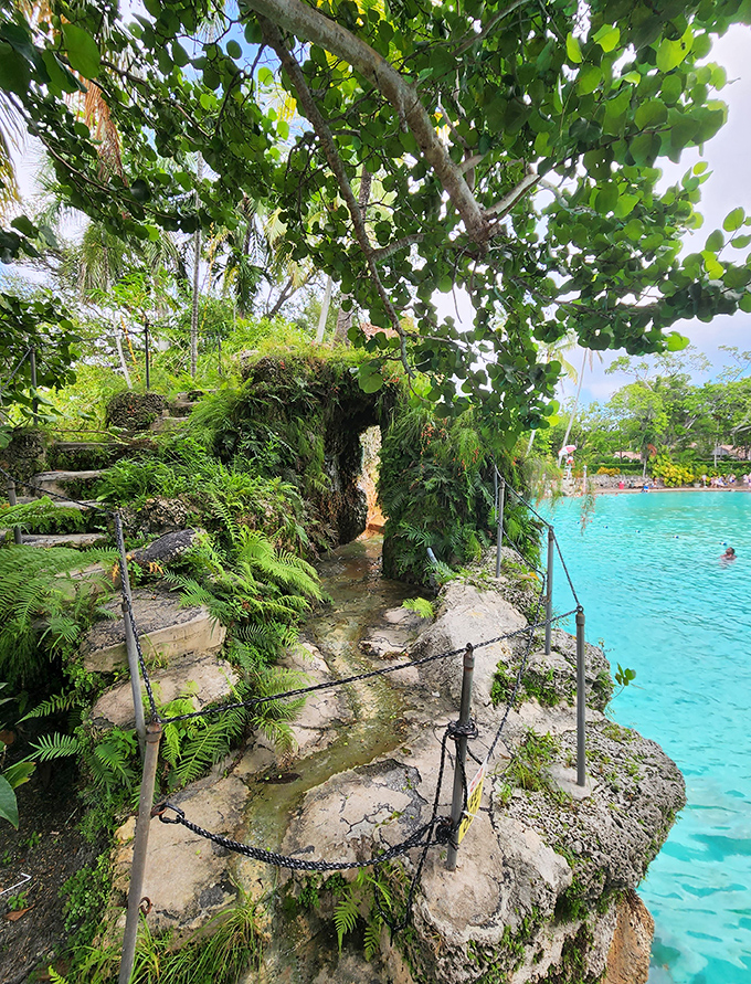 A stone pathway leads through a natural grotto, where sunlight filters through vegetation to create an almost mystical passage between swimming areas.