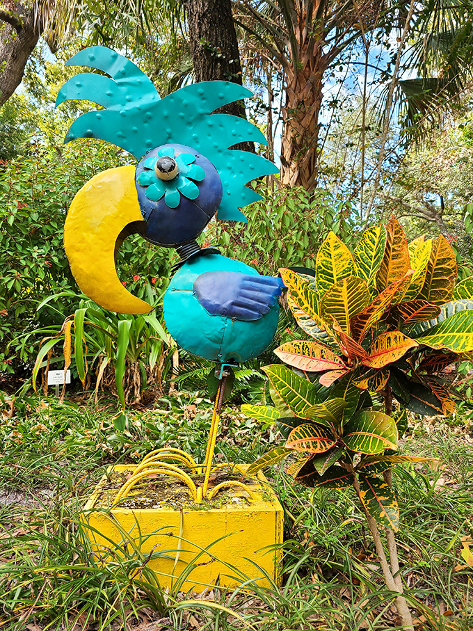 This whimsical bird sculpture adds a pop of tropical color, like Florida's answer to flamingo lawn ornaments but with artistic street cred.
