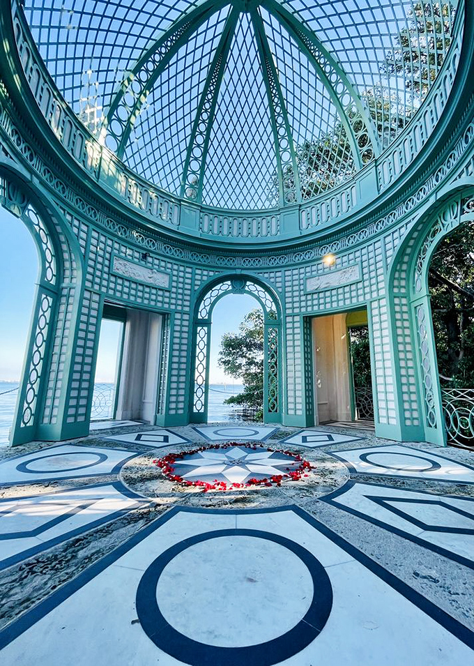 This aqua pavilion looks like it was plucked from a fairy tale &ndash; a delicate jewel box where the view is always the main attraction.