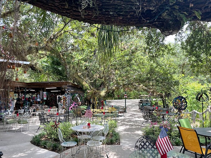 The outdoor caf&eacute; area invites visitors to rest their feet and digest both lunch and the visual feast they've just experienced.