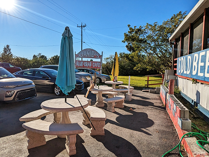 Stone picnic tables offer al fresco dining under Florida skies &ndash; no reservations needed, just pull up and prepare for a memorable meal.