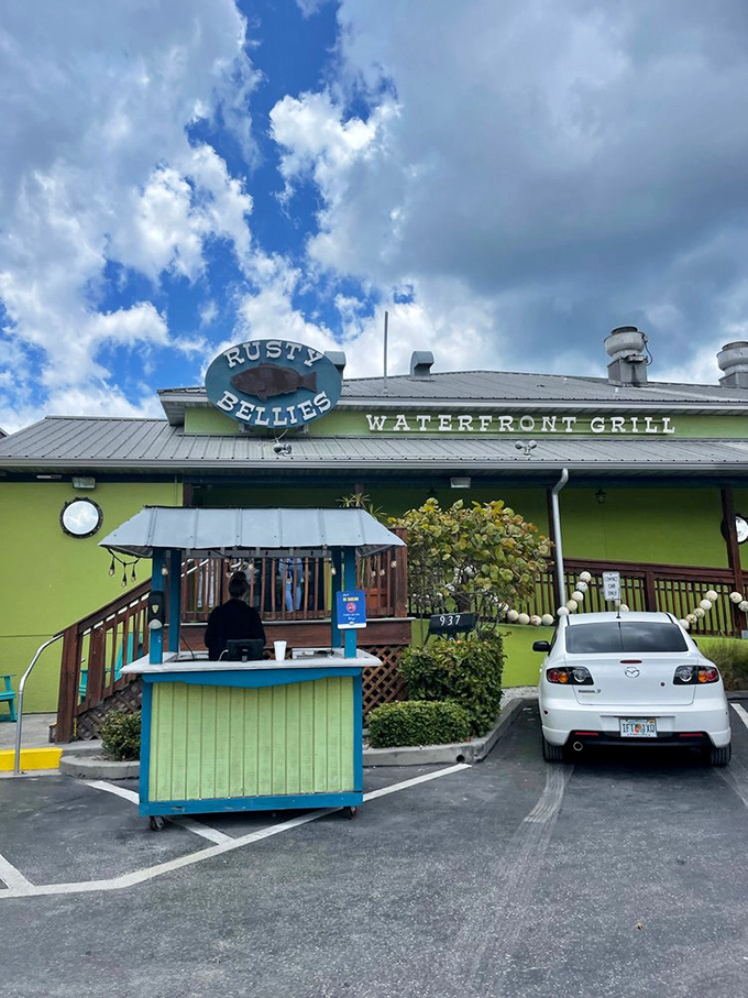 The unmistakable Rusty Bellies exterior &ndash; a lime-green beacon for seafood lovers cruising along Florida's Gulf Coast.